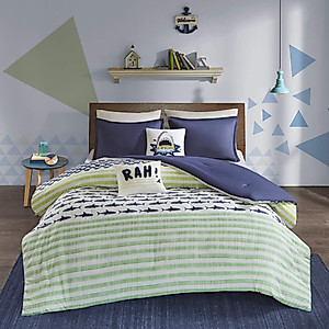 Urban Habitat Kids 100% Cotton Comforter Set-Fun Print and Vibrant Color Modern Design All Season Cozy Bedding,Matching Shams,Decorative Pillow, Full/Queen,Shark Stripes Green/Navy with 2dec pillows