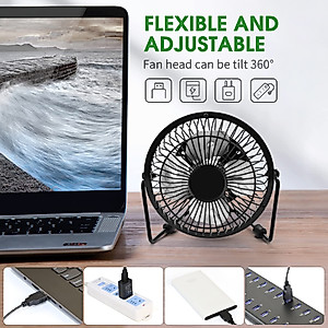 4 Inch Small USB Desk Fan, Mini Quiet Fan with Metal Construction & Strong Airflow & 360°Adjustable Tilt Angle, Personal Cooling Fan for Desktop Office (Black-2Pack)