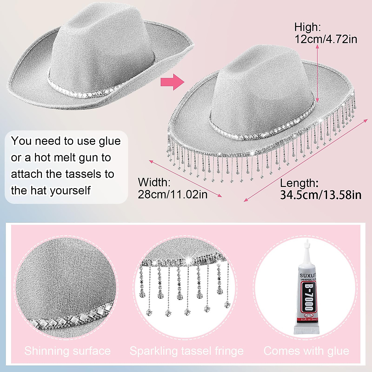 ramede Rhinestone Cowgirl Hat Women Disco Cowboy Outfit Bling Diamond Fringe Cowgirl Hat Western Cowgirl Costume(Silver)