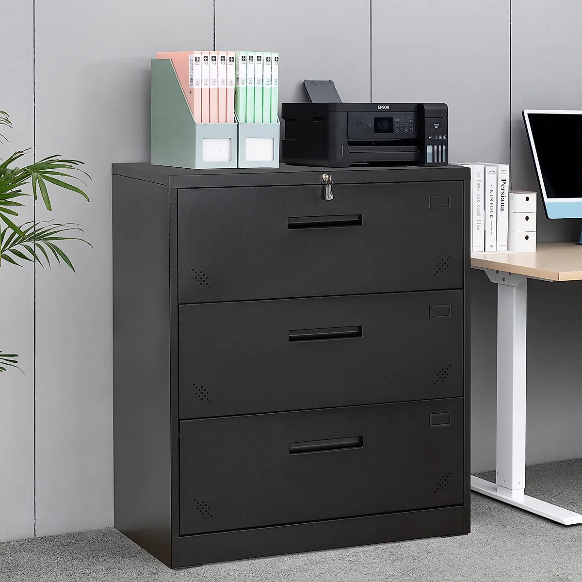 GREATMEET 3 Drawer Lateral File Cabinet with Lock,Heavy Duty Metal Lateral File Cabinet, for Legal Letter Files,Disassemble,Black (3 Drawers)