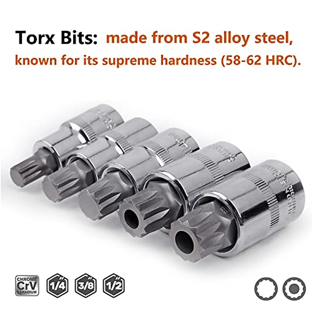 Qnkaa XZN Triple Square Spline Bit Socket Set 10pcs Silver M4 - M18, Premium S2 Alloy Steel, 1/4” 3/8” 1/2” Drive