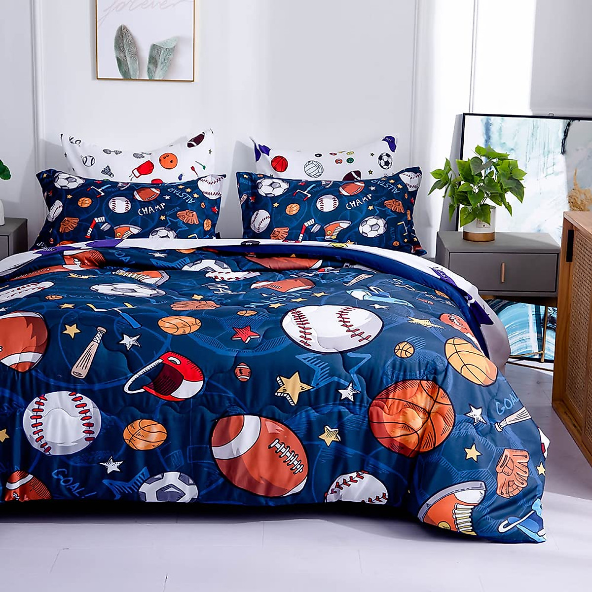 Wajade Sports Comforter Set Bed in A Bag Full Size 7 Piece 3D Soccer Basketball Baseball Football Bedding Set for Kids Boys (1 Comforter, 1 Flat Sheet, 1 Fitted Sheet, 2 Pillowcase and 2 Pillow Sham)
