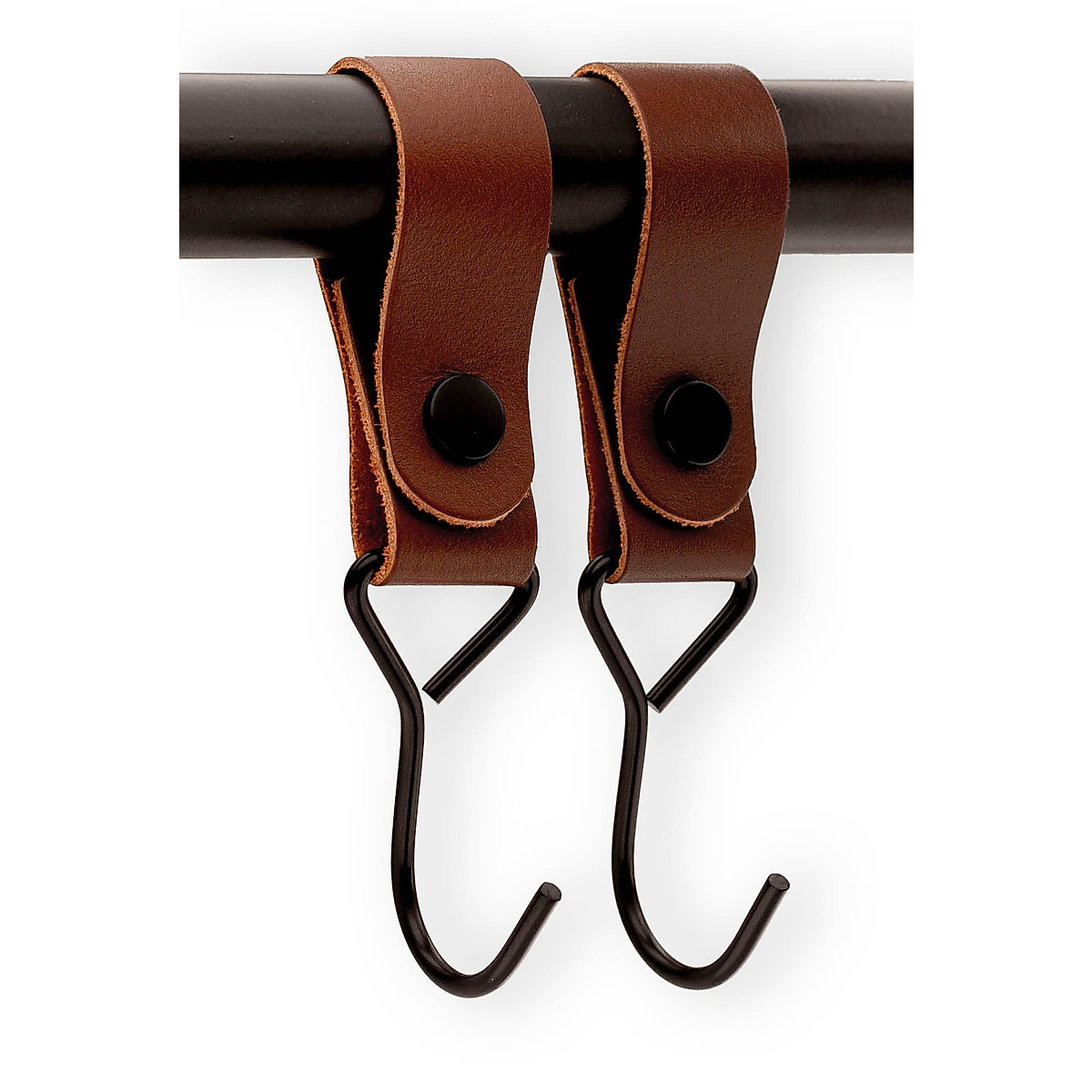 Brute Strength - Leather Straps with Hooks - Cognac - 2X - Full Grain Leather - Mommy Hook - Stroller Clip - Bag Hook - Leather Hooks - Leather s Hooks - Black s Hooks - Similar to S-Hooks