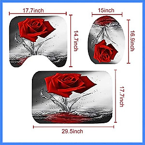 4PCS Red Rose Shower Curtain Set with Rugs,Toilet Lid Cover,U-Shaped Mat,Contemporary Water Pattern Red Rose Pattern Shower Curtains for Bathroom Waterproof Polyester Flower Bathroom Sets,71x71