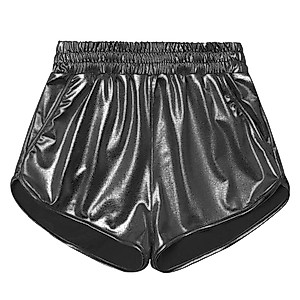 Women's Yoga Hot Shorts Elastic Waist Shiny Metallic Pants (Black, M)