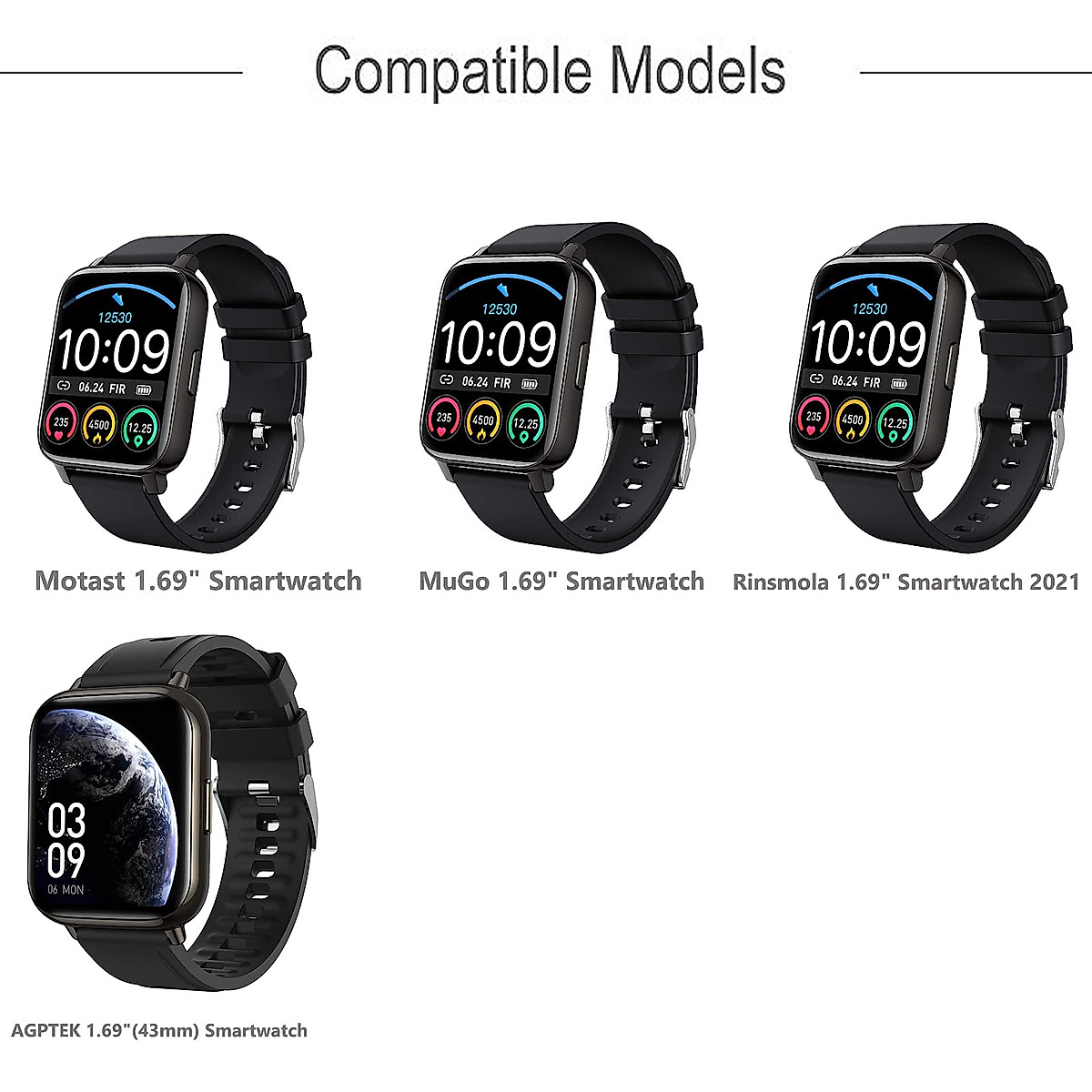 Compatible for AGPTEK Smartwatch Band, Nylon Replacement Strap for AGPTEK 1.69"(43mm) Smartwatch/MuGo 1.69" Smartwatch/Rinsmola 1.69" Smart Watch/Motast 1.69" Smartwatch (Gray)