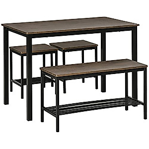 HOMCOM Industrial Dining Table Set, Kitchen Table and Chairs for 4, Dinner Table with Bench Set with Metal Frame & Storage Shelf, 4 Piece Dinette Set for Dining Room, Rustic Brown