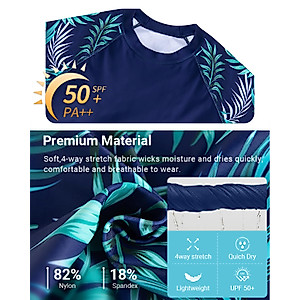 Daci Women Blue Leaves Two Piece Rash Guard Long Sleeve Swimsuits UV UPF 50+ Swim Shirt Bathing Suit with Boyshort Bottom XXL