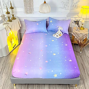 HOSIMA Girls Bed Sheets Twin,Colorful Rainbow Bedding Glitter Star Themed Fitted Sheet Queen Size for Kids Teen Girls Room Decor, Twin Bed in a Bag for Girls with 2 Pillowcases.