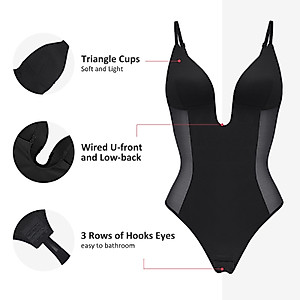 FeelinGirl Shaperwear for Women Tummy Control Panty Waist Girdles Corset Body Shaper Deep V-Neck Bodysuits Tops Black XXL