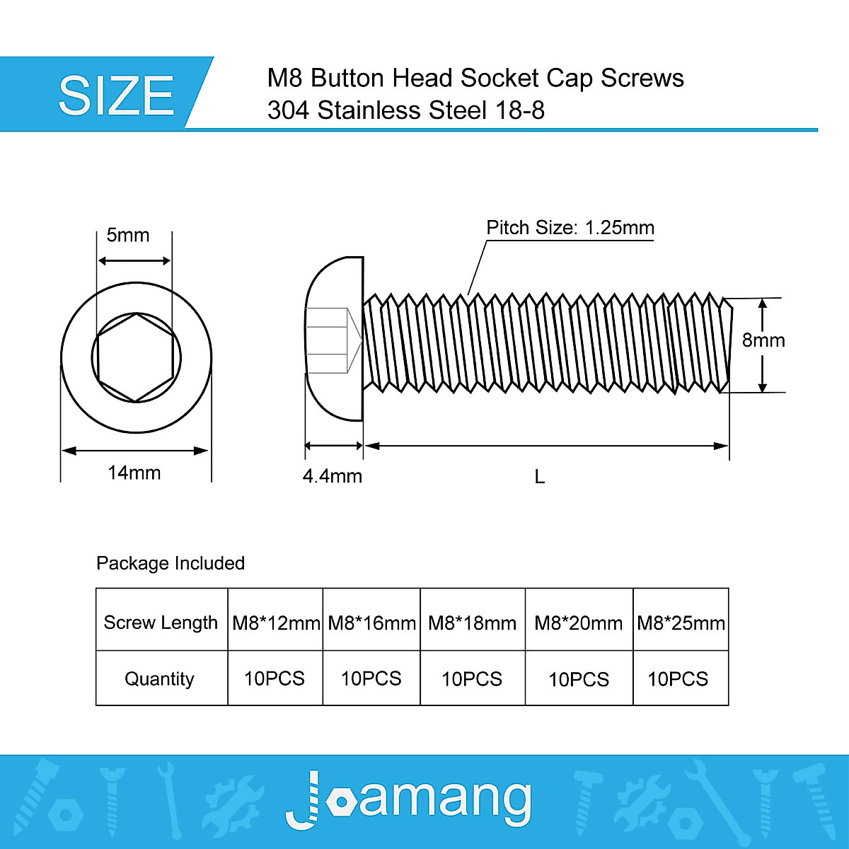 Joamang M8 x 12mm 16mm 18mm 20mm 25mm Button Head Socket Cap Screws Bolts, Stainless Steel 304, Metric Allen Hex Drive, Bright Finish, Fully Threaded, Assortment Kit 50PCS