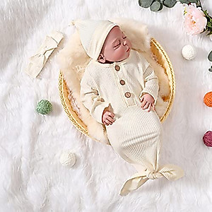 MoryGooder Newborn Cotton Nightgowns Neutral Knotted Sleeper Baby Coming Home Outfit (White,0-6 Months)