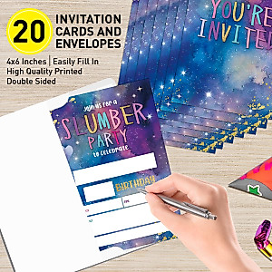 UDNADKEX Sleepover Birthday Invitations Girl Party with Envelopes, Invites for Girls Sleepover Theme Birthday Party Galaxy, Slumber Birthday Party Invitations Cards, 4"x6" Set of 20
