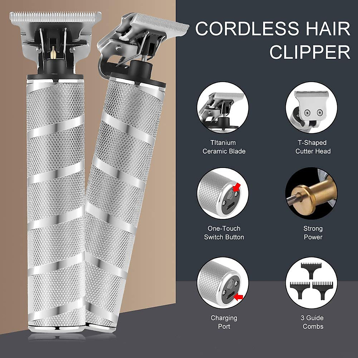 SURKER Electric Pro Li Clippers Barber Accessories Grooming Waterproof Rechargeable Cordless Close Cutting T-Blade Trimmer Hair Clippers for Men（Silver）