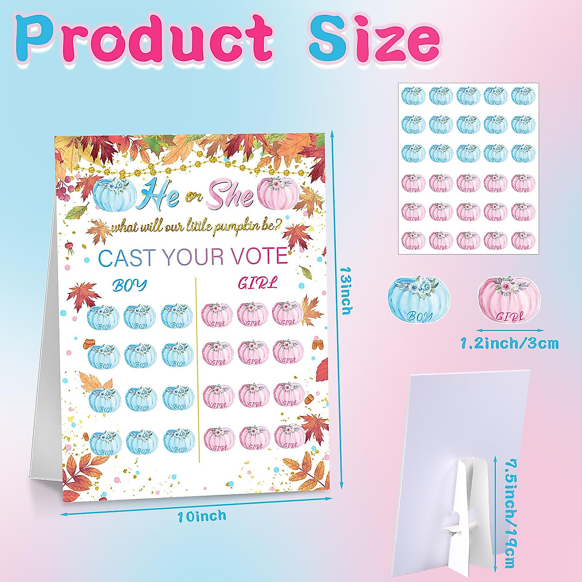 Poen Thanksgiving Gender Reveal Board with Stand What Will Our Little Pumpkin Be Maple Leaf Gender Reveal Game with 60 Pcs Fall Pumpkin Voting Stickers for Cast Your Vote Guess Game Autumn Baby Shower