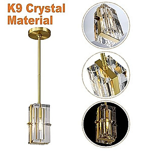 Untrammelife Gold K9 Crystal Pendant Light, 1 Light Modern LED Pendant Lights Kitchen Island, Adjustable Ceiling Hanging Pendant Light Fixtures for Dinning Room Bedroom, T8 LED Bulb Included