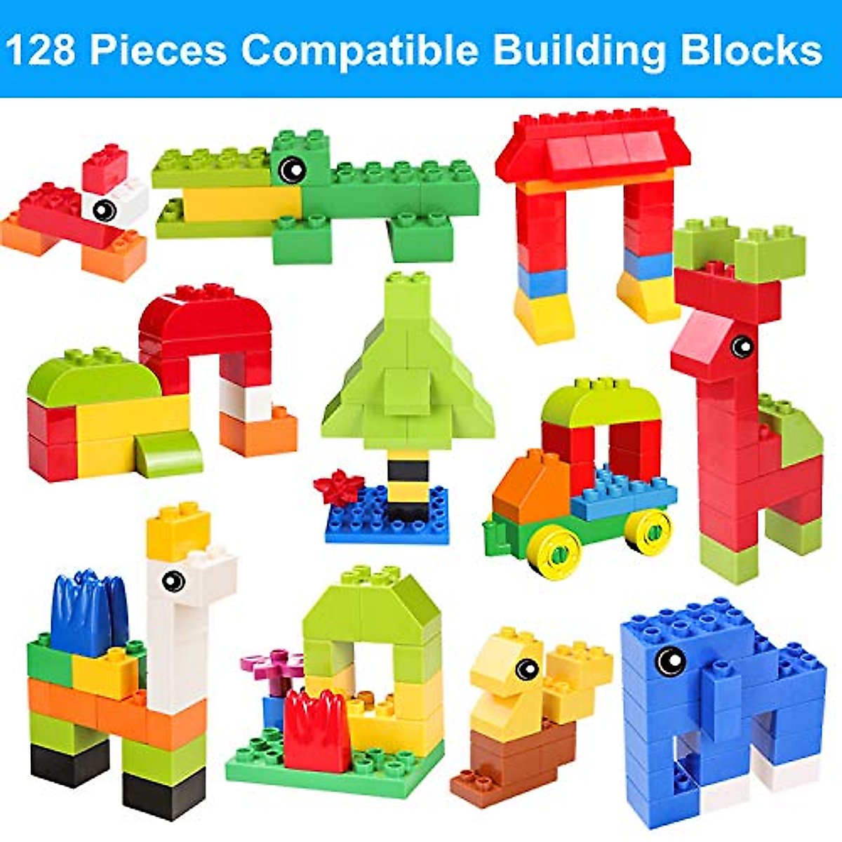 burgkidz Kids 5-in-1 Multi Activity Table Set - Building Block Table with Storage - Play Table Includes 1 Chair and 130 Pieces Compatible Large Bricks Building Blocks for Ages 2 and Up (Blue)