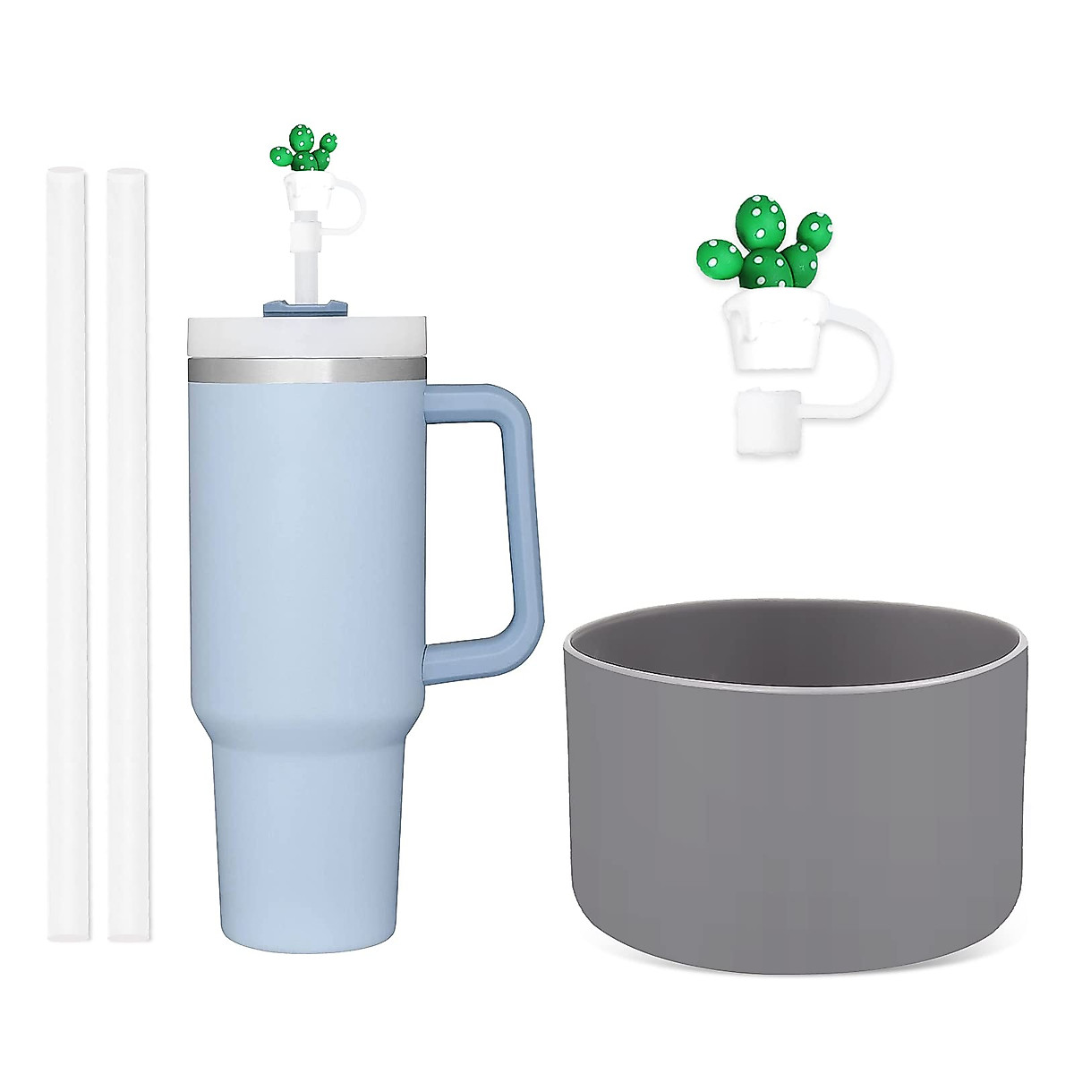 4 PCS Replacement Silicone Straws for Stanley Adventure Quencher Travel Tumbler 40oz Stanley Cup,2 Reusable Clear Straws with 1 Protective Silicone Boot and 12mm Straw Cover