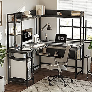 CubiCubi L-Shaped Desk with Hutch, 60" Corner Computer Desk, Large Home Office Desk with Bookshelf and Storage Shelves, Space-Saving, Black