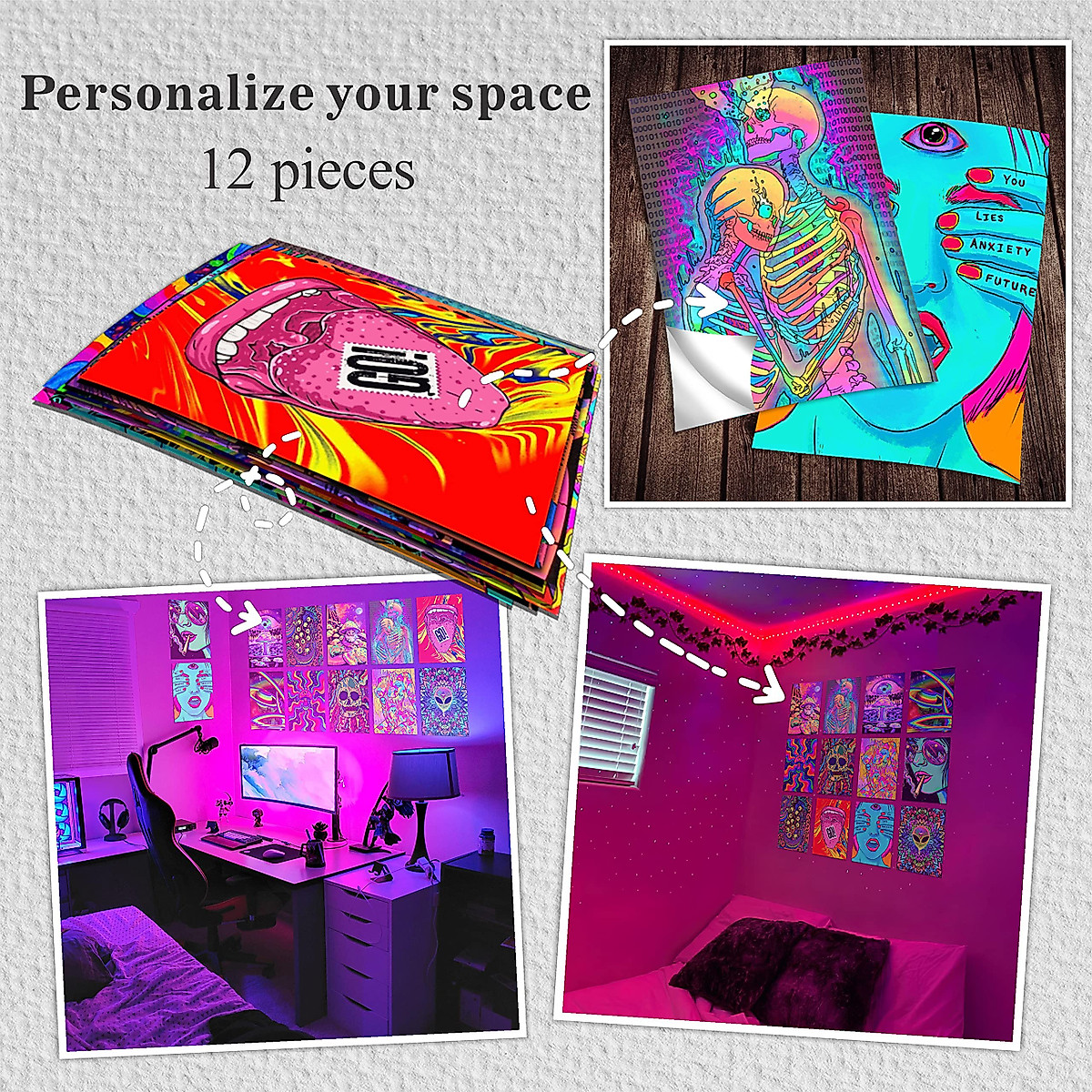 HK Studio Hippie Room Decor Aesthetic Posters - Grunge Room Decor for Dorm, Teen Room 8" x 12" Pack 12