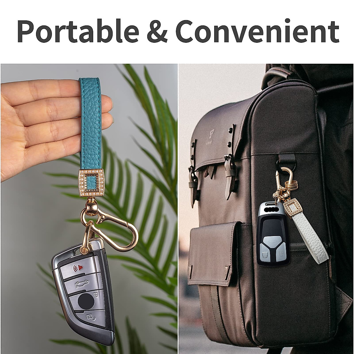 Gematay Microfiber Leather Car Keychain, Universal Car Key Fob Keychain Holder for Men and Women with 3 Keyrings, Anti-lost D-ring and Carabiner Clip, Mint green