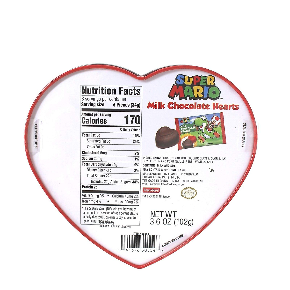 Super Mario Chocolate Heart Filled Tin, Nostalgia Collectible Gifts for Gamers, 3.6 oz