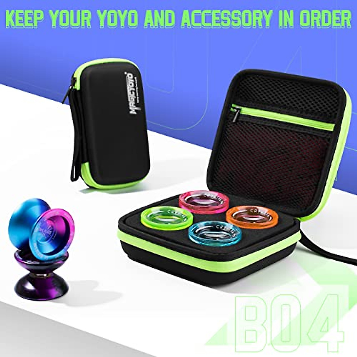 MAGICYOYO Professional Yoyo Storage Case, Portable 4 Hole Case, Protective Bag with Interior Zip Mesh for Yo-yo and Accessories (Black Green)
