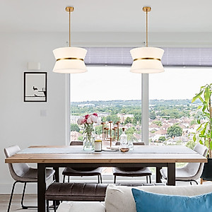 ELYCCUPA Modern Chandelier with Off-White Fabric Shade and Brass Finished Adjustable Pendant Light for Kitchen Island Living Room Bedroom Hallway, E26, Dia 18 Inch, UL Listed