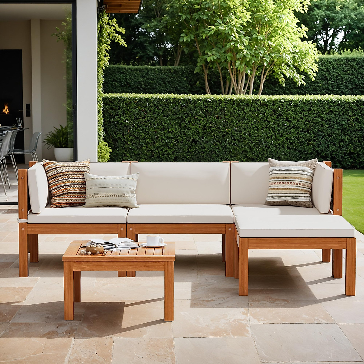 Flamaker Outdoor Sectional Couch Patio Sectional Sofa with Acacia Wood Table,5 Pieces Outdoor L-Shaped Couch with Soft Cushion for Patio,Garden,Backyard(White)