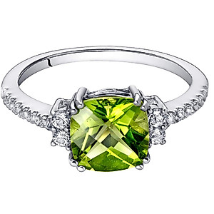 PEORA Peridot Ring for Women in 14K White Gold with White Topaz, Natural Gemstone Birthstone, Designer 2.53 Carats total, 8mm Cushion Cut, Comfort Fit, Size 5