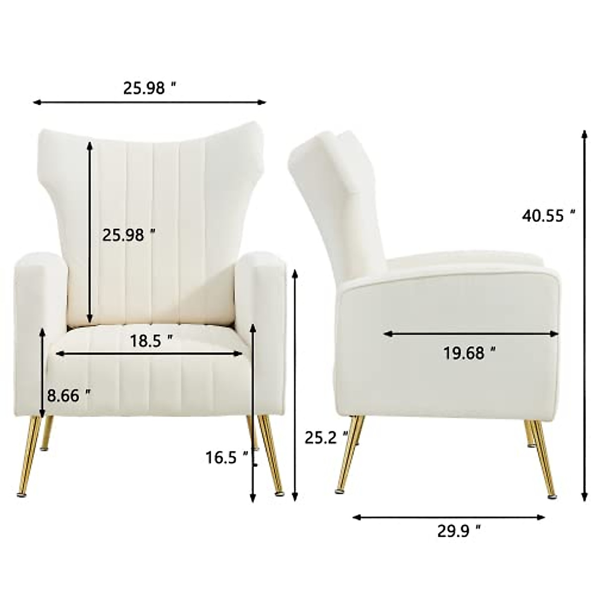 FATFISH Modern Velvet Accent Chair with Arms, Wingback Reading Chair with Gold Metal Legs, Comfy Upholstered Single Leisure Sofa for Living Room Bedroom Club(Velvet+White)