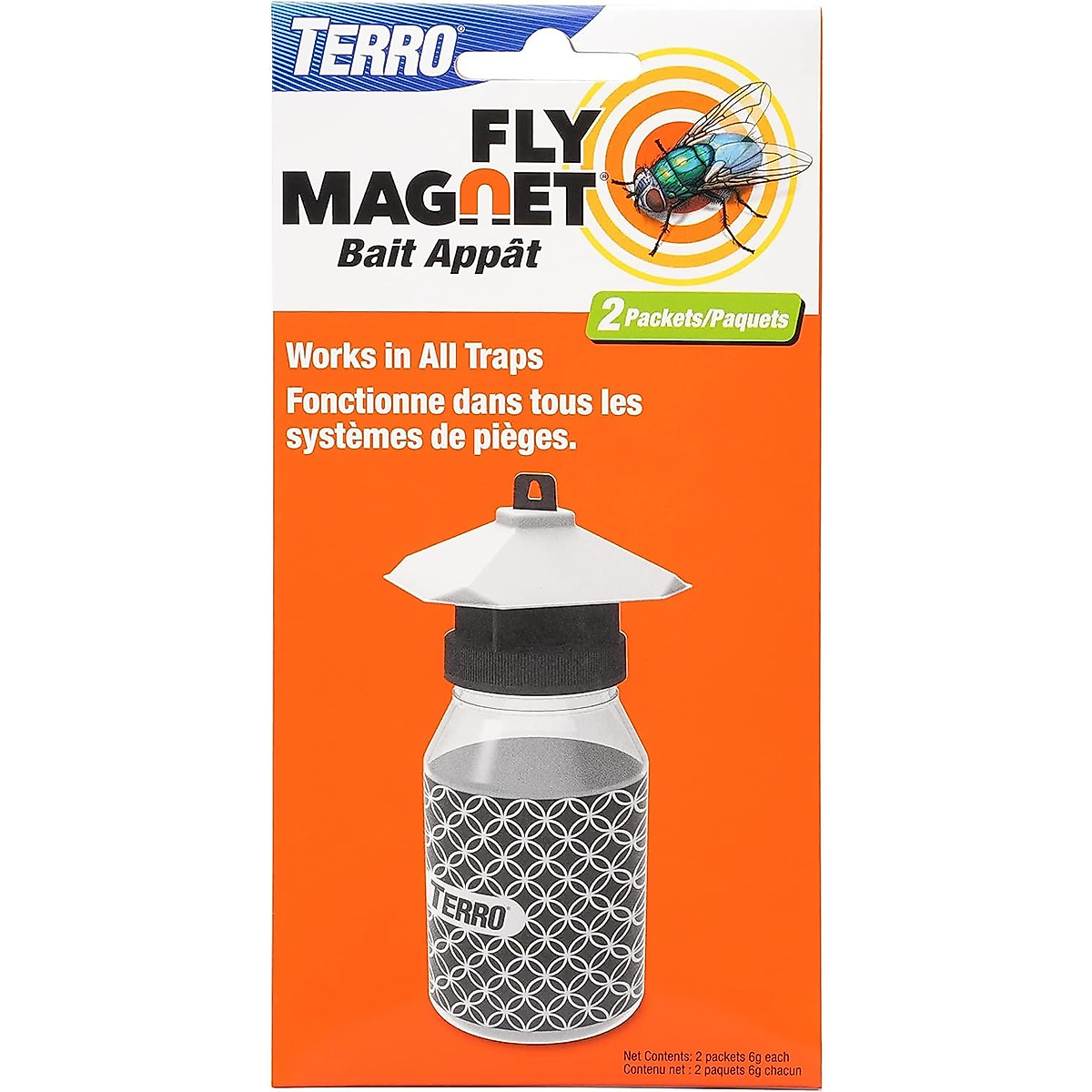 TERRO Fly Magnet, Reusable Fly Trap - Includes One Fly Bait Packet and Heavy Duty 9.5 Plexon Supply Hanging Chain and Magnet Replacement Bait, Orange.Black
