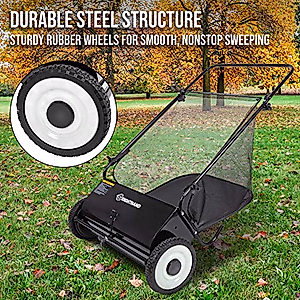 Right Hand 26-Inch Push Lawn Sweeper, Strong Rubber Wheels & Heavy Duty Durable Steel Structure Sweeps Leaf Grass & More, 7ft Mesh Collection Bag, 4 Spinning Brushes