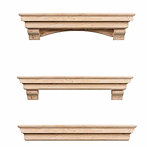 72 Inch Floating Fireplace Mantel Wood Shelf In Unfinished - Salem From Mantels Direct | Corbel Bracket Arches Included | Wooden Rustic Wall Shelf Perfect for Electric Fireplaces and Décor