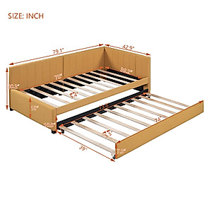 Acosure Twin Upholstered Linen Daybed Size Trundle,Sofa Bed Frame W/Slat Support and Back & Armrest,No Box Spring Needed,for Apartment,Bedroom,Guest Room,Yellow