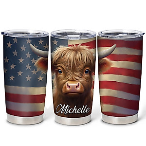 Hyturtle Personalized Gifts For Highland Cow Lover - American Flag Highland Cow Stainless Steel Tumbler 20oz With Lid - Idea Farm Animals Lover Gifts For Women, Girl On Christmas, Independence Day