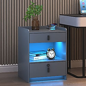 Vlsrka Nightstand with Charging Station, Night Stand with Drawers, LED Nightstands with 24 RGB Colors, Modern Side Table with USB Ports and Open Shelf, Bedside Table for Bedroom, Grey