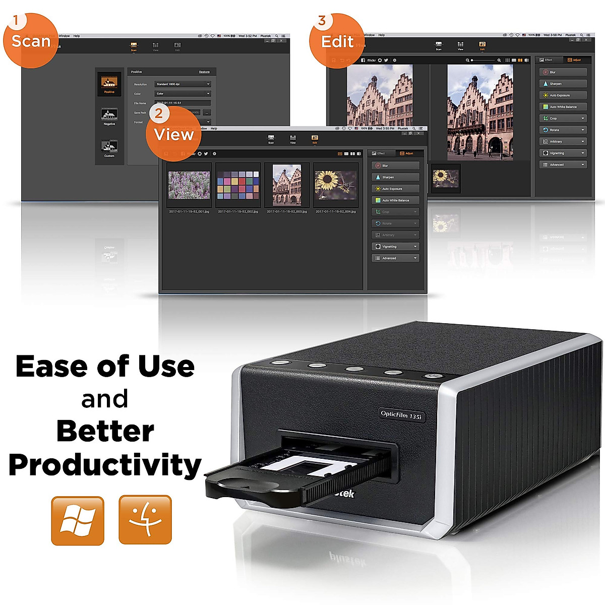 Plustek OpticFilm 135i - Automatic Film & Slide Scanner, Batch converts 35mm Slides & Film Negatives, Support 3rd Party Editing Software Export, Max. 7200 dpi