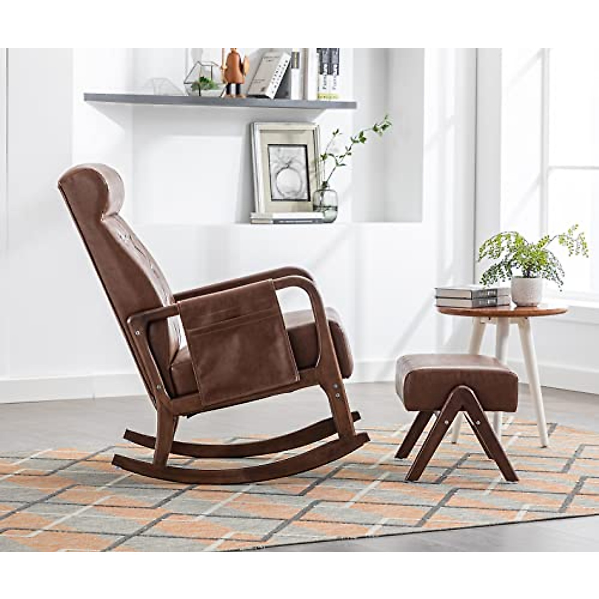 Kurhwyss Nursery Rocking Chair with Ottoman, Upholstered Rocker Chair with Arm Pocket, Modern Accent Glider Chair with Comfy High Back for Living Room Bedroom (Brown)
