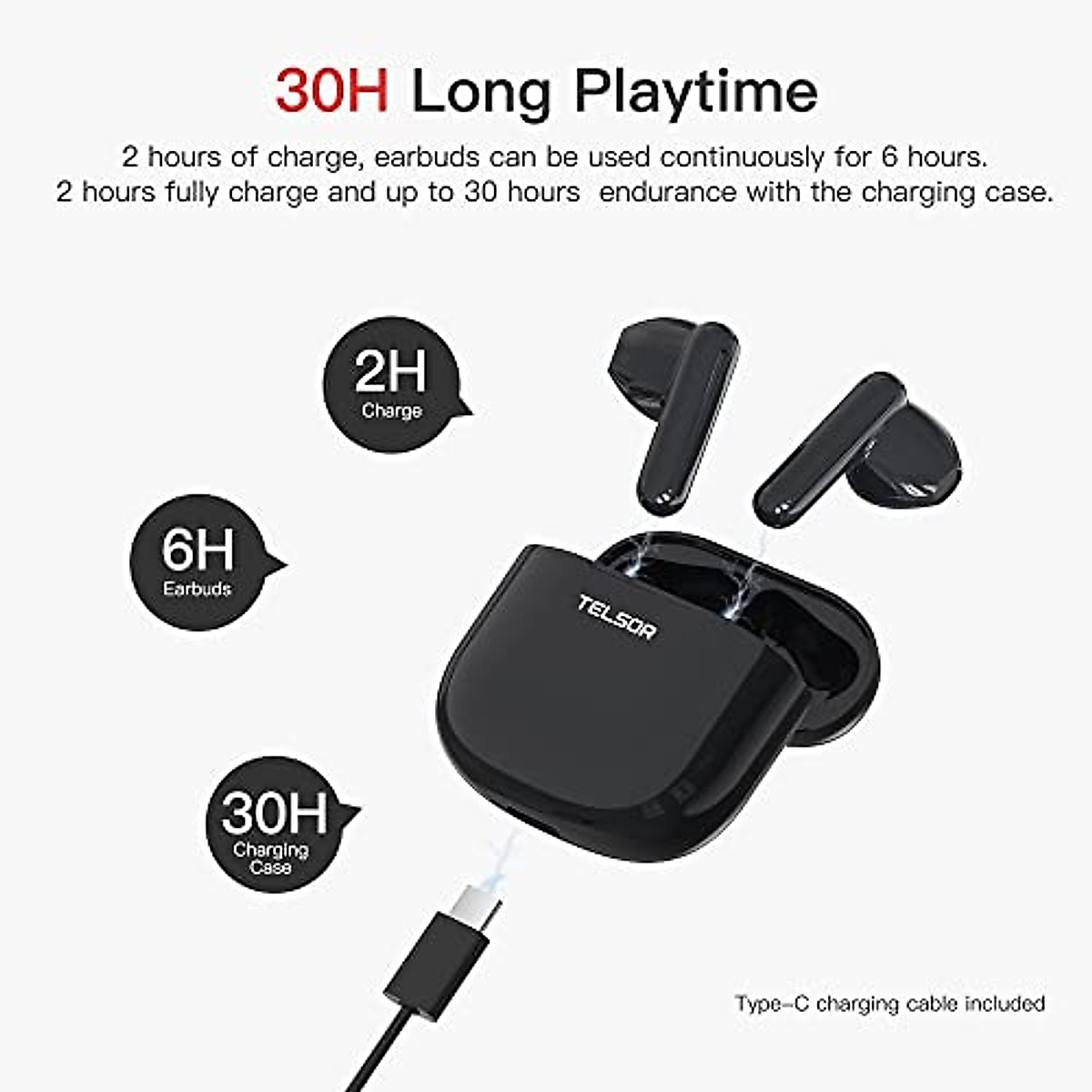 TELSOR Wireless Earbuds for iPhone, Bluetooth Headphones Touch Control Stereo Sound Bluetooth Earbuds with Noise Cancelling Mic for Calls, 30H Playtime, IPX7 Waterproof Earbuds for Android, Black