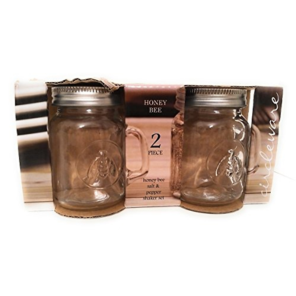 Circleware Honey Bee Mason Jar Mug Salt and Pepper Shakers with Glass Handles and Metal Lids, Set of 2, 5 oz
