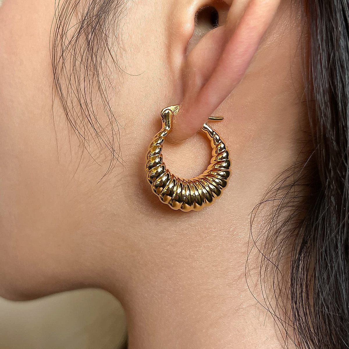 14K Gold Plated Croissant Earrings Twisted Round Hoop Earrings Chunky Hoop Earrings 925 Sterling Silver Post Huggie Earrings for Women Gift for Her