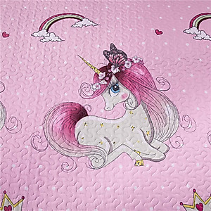 Quilt Set Twin Size Girls Quilt Bedding Twin Quilts Girls Kids Quilt Bedspreads Coverlet Pink Unicorn Bedding Girls Lightweight Reversible Quilts Set Bedding Girls Pink Quilt with Pillow Shams