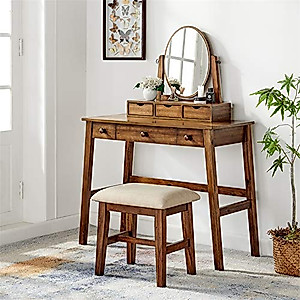 Linon Iris Wood Vanity & Padded Stool Set Oval Mirror 5 Drawers in Walnut Brown