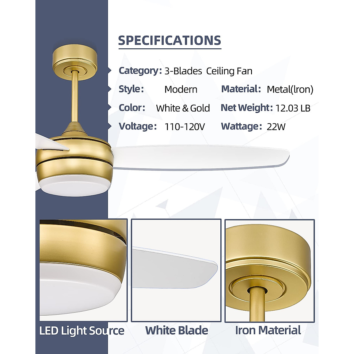 YOUKAIN Modern Ceiling Fan, 52 Inch Gold Ceiling Fan with Light and Remote Control, LED Ceiling Fan with 3 White Blades for Living room, Bedroom, Bathroom, 52-YJ273-WH