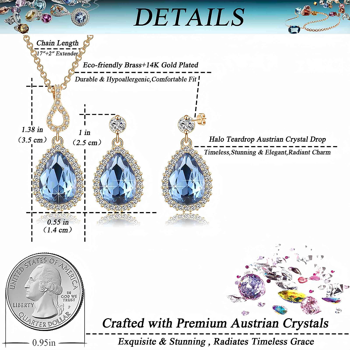 EVEVIC Austrian Crystals Teardrop Pendant Necklace Earrings for Women 14K Gold Plated Hypoallergenic Jewelry Set (Dark Blue)