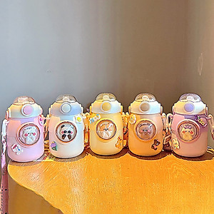 Cute Thermos Cup 700ml for Baby,Kid and Lady,Insulated Water Bottle with Straw Hanging Rope,Stainless Steel Coffee Vacuum Thermos Bottle Keep Drinks Hot or Cold for Travel,School,Offic White 700ML