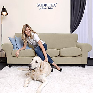 subrtex 4 Piece Sofa Cover High Stretch Couch Slipcover for 3 Cushion Soft Sofa Slipcover Jacquard Fabric Furniture Covers with Elastic Bottom Machine Washable(Sand,Large)