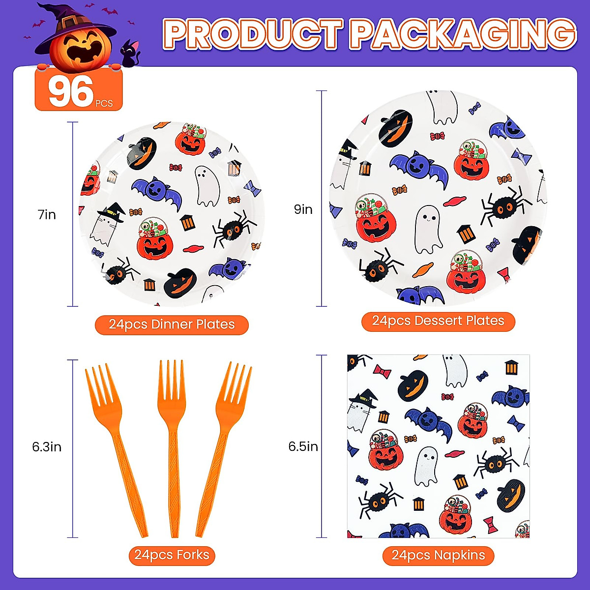 96PCS Happy Halloween Paper Plates and Napkins Set, Halloween Theme Party Decorations Set Include Paper Plates, Napkins, Forks Disposable Tableware Supplies for Kids Halloween Party, Serves 24