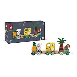 Janod - Tropik Tropical Pull-Along Train - 11 Pieces and 3 Cars - Ages 1 Year + J08272